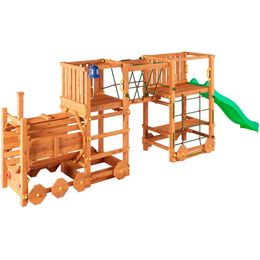 Spielturm Fungoo "Loco Express, mit Rutsche, Dampflok-Tunnel, Holzdach u. Spielelementen", braun (teak), Spielt&uuml;rme, KinderB:93cm H:182cm T:571cm, Holz, Made in Europe, B:93cm H:182cm T:571cm