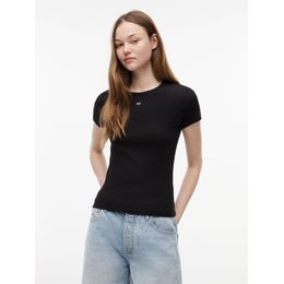 Kurzarmshirt Tommy Jeans "TJW ESSENTIAL RIB SHORT SLEEVE EXT", Damen, Gr. XL (42), schwarz, Single Jersey, Obermaterial: 95% Baumwolle, 5% Elasthan, unifarben, slim fit h&uuml;ftlang, Rundhals, abgesteppte Kante, Shirts, Baumwollmischung in gerippter Struktur, Slim Fit