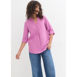Langarmbluse bonprix "3/4-Arm Bluse mit Leinen", Damen, Gr. 46, rosa (fliederpink), Web, Obermaterial: 55% Leinen, 45% Viskose, unifarben, figurumspielend normal, Aufschlag, Blusen, figurumspielende Passform, f&uuml;r vielseitige Alltagslooks