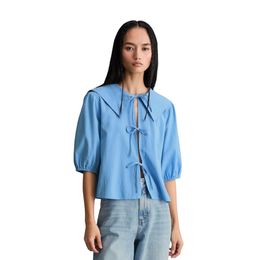 Marc O'Polo Kurzarmbluse MARC O'POLO DENIM "aus leichter Bio-Baumwolle", Damen, Gr. L, medium blau 4840, Obermaterial: 100% Baumwolle, unifarben, regular fit normal, B&uuml;ndchen, Blusen