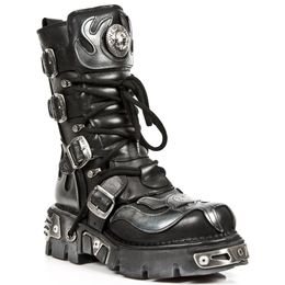 New Rock Flame Biker-Stiefel aus schwarzem/silbernem Leder mit Akzent &ndash; ​​107-S2