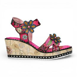 Laura Vita Damen Ballon 08 Espadrilles-Sandalen aus fuchsiafarbenem Leder mit Blumenmuster und Keilabsatz
