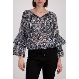 Schlupfbluse monari, Damen, Gr. 40, schwarz-wei&szlig; (schwarz gem), Web, Obermaterial: 100% Baumwolle, gemustert, regular fit taillenbedeckt, Rundhals, Trompeten&auml;rmel gerader Abschluss, Blusen Schlupfbluse, Regular fit mit Ornament-Muster