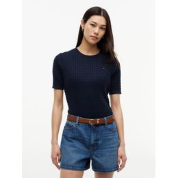 Kurzarmpullover Tommy Hilfiger "CO CABLE RWB C-NK SS SWT", Damen, Gr. M (40), schwarz night navy, Strick, Obermaterial: 100% Baumwolle, unifarben, normal h&uuml;ftlang, Rundhals, eingesetzt Rippstrickb&uuml;ndchen, Pullover, Baumwolle, mit Zopfmuster