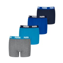 Boxershorts Puma "Puma BOYS EVERYDAY BASIC BOXERS 4P ECOM", Jungen, Gr. 122/128, blau (blau, grau), Obermaterial: 95% Baumwolle, 5% Elasthan, bedruckt, mehrfarbig, eng, Unterhosen, mit farblich abgesetztem Bund