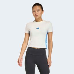 T-Shirt adidas Sportswear "ESSENTIALS 3-STREIFEN SLIM BABY", Damen, Gr. L, sanftes wei&szlig;, ray blau, Obermaterial: 93% Baumwolle, 7% Elasthan, Rundhals, Shirts T-Shirt, schmale Passform, Rundhalsausschnitt, mit Elasthan-Anteil