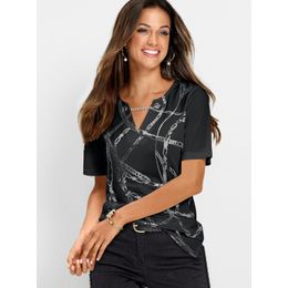 WITT Damen Kurzarmshirt mit Zierkette am Ausschnitt, schwarz-silberfarben-bedruckt, Gr&ouml;&szlig;e 36
