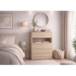 Kommode Home Affaire "CUBIQUE Sideboard mit/ohne Beleuchtung, Ma&szlig;e B/T/H: 80/42/111cm", eich, kaschmi, B:80cm H:111cm T:42cm, Holzwerkstoff, Spanplatte, Sideboards, Kommode, Moderner Schubladenschrank mit viel Stauraum, Push-to-Open System