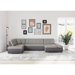 Wohnlandschaft DOMO collection "MORIC 353x216x80 cm, mit viel Platz, U-Form, auch in Cord", grau (grau, silber), B:353cm H:80cm T:216cm, Microfaser PRIMABELLE / Struktur (90% Polyester/ 10% Polyacryl);Kunstleder SOFTLUX / Struktur (90% Polyester/ 10% Polyacryl), Sofas, Wohnlandschaft, im XXL-Format, wahlweise mit Bettfunktion und Armlehnenverstellung