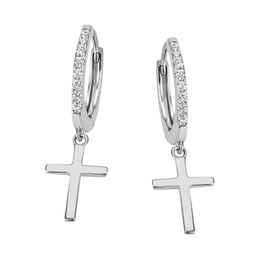 Paar Creolen Firetti "Schmuck Geschenk Silber 925 Kreuz", silber (silberfarben, kristallwei&szlig;, kristallwei&szlig;), Ohrringe, Damen, 14mm, Silber 925 (Sterlingsilber), mit Zirkonia (synth.)
