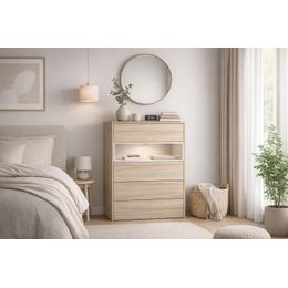 Kommode Home Affaire "CUBIQUE Sideboard mit/ohne Beleuchtung, Ma&szlig;e B/T/H: 80/42/111cm", eich, kaschmi, B:80cm H:111cm T:42cm, Holzwerkstoff, Spanplatte, Sideboards, Kommode, Moderner Schubladenschrank mit viel Stauraum, Push-to-Open System