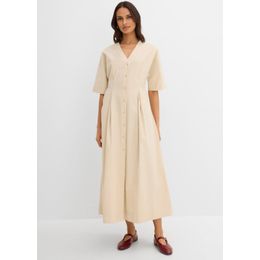 bonprix Midikleid aus Baumwoll-Mix, beige, Gr.48, Midikleid mit Halbarm und seitlichen Eingriffstaschen aus Baumwoll-Mix, 100% Baumwolle