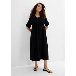 bonprix Midikleid aus reiner Baumwolle, schwarz, Gr.42, Mit Schn&uuml;rung am Ausschnitt, aus 100% Baumwolle