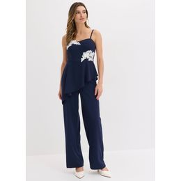 bonprix Overall mit Tr&auml;gern und Spitzen-Applikation, blau, Gr.40, Modern und feminin: Overall aus strukturiertem Crepe mit Tr&auml;gern, Spitzen-Applikation und einem asymmetrischem Sch&ouml;&szlig;chen