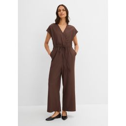 bonprix Kurzarm-Jumpsuit, braun, Gr.54, taillierter Jumpsuit mit Elastikbund, G&uuml;rtel und seitlichen Eingriffstaschen