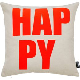 Dekokissen done. "HAPPY", beige, neon orange, schriftzug, B:45cm L:45cm, Polyester, Dekokissen_Sitzkissen_Kissenh&uuml;llen, Extra weiche Haptik