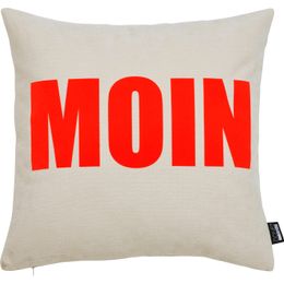 Dekokissen done. "MOIN", beige, neon orange, schriftzug, B:45cm L:45cm, Polyester, Dekokissen_Sitzkissen_Kissenh&uuml;llen, Extra weiche Haptik