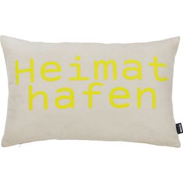 Dekokissen done. "HEIMATHAFEN", beige (beige, neon gelb, schriftzug), B:40cm L:60cm, Polyester, Dekokissen_Sitzkissen_Kissenh&uuml;llen, Extra weiche Haptik