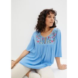 Tunika bonprix, Damen, Gr. 42, blau (brilliantblau), Obermaterial: 100% Viskose, A-Linie, Tuniken, Casual Stil, A-Linie Passform, Kurzarm-Design, mit Stickerei