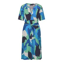 Sommerkleid GOLDNER "Kurzgr&ouml;&szlig;e Druckkleid mit organischem Muster", Damen, Gr. 24, K-Gr, blau (blau, gr&uuml;n, gemustert), Obermaterial: 95% Viskose CV. 5% Elasthan EL., figurumspielend, V-Ausschnitt, Kleider Sommerkleid, Taschen in der Seitennaht