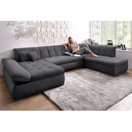 Wohnlandschaft DOMO collection "NMORIC im XXL-Format, 353x216x80 cm, inkl. Zierkissen U-Form", grau, B:353cm H:80cm T:216cm, Microfaser PRIMABELLE (100% Polyester);Chenille (85% Polyester, 15% Acryl);Luxus-Microfaser (100% Polyester);Struktur ( 100% Polyester), Sofas, Wohnlandschaft, wahlweise mit Bettfunktion und Armlehnenverstellung
