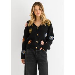 Schwarzer 3D-Kontrast-Blumen-Crochet-Cardigan