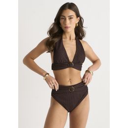 Braunes, strukturiertes Bikini-Oberteil im Neckholder-Stil mit Ringverzierung