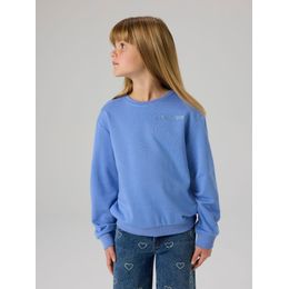 Sweatshirt name it "NKFTILDE LS NREG SWEAT TOP UNB PB", M&auml;dchen, Gr. 134/140, blau (persian jewel), Sweatware, Obermaterial: 80% Baumwolle, 20% metallisierte Fasern, Glitzermuster, unifarben, normal normal, Rundhals, Rippb&uuml;ndchen, Sweatshirts Sweatshirt