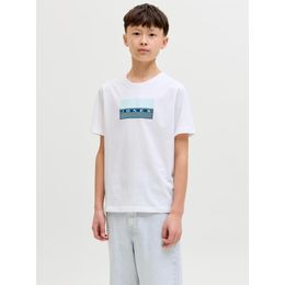 Jack & Jones Rundhalsshirt JACK & JONES JUNIOR "JCOFUSION DOTS PRINT TEE SS CN JNR", Jungen, Gr. 140, wei&szlig; (hellwei&szlig;), Single Jersey, Obermaterial: 100% Baumwolle, bedruckt, regular fit normal, Rundhals, Shirts Rundhalsshirt, Baumwolle, normal geschnitten