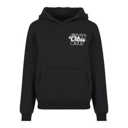 Kapuzenpullover MISS TEE "Miss Tee Good Vibes Ladies Fluffy Hoody", Damen, Gr. L, schwarz, 70% Baumwolle, 30% Polyester, mehrfarbig, loose fit, ohne Ausschnitt, Pullover Kapuzenpullover