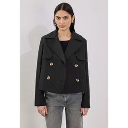 Kurzjacke STREET ONE STUDIO, Damen, Gr. 44, schwarz, Web, Obermaterial: 69% Baumwolle, 31% Polyester. Futter: 100% Polyester, unifarben, comfort fit kurz, V-Ausschnitt, B&uuml;ndchen, Jacken Kurzjacke, mit Reverskragen