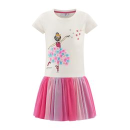 Sommerkleid happy girls, M&auml;dchen, Gr. 146, N-Gr, ecru, Jersey, Obermaterial: 95% Baumwolle, 5% Elasthan. Futter: 100% Polyester. Unterteil: 100% Polyester, bedruckt, Basic knieumspielend, Rundhals, Kleider Sommerkleid, mit angesetztem T&uuml;llrock und hochwertigem Frontmotiv