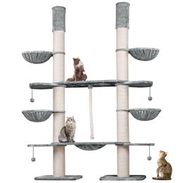 HAPPYPET XXL Kratzbaum-Landschaft f&uuml;r gro&szlig;e Katzen - 2-in-1 Aktivit&auml;ts- und Sisal-Paradies mit Deckenspanner 280cm hoch Premium Pl&uuml;sch Grau
