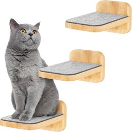 HAPPYPET Katzentreppen 3er-Set f&uuml;r Wandmontage - Hartholz, Designer Kletterwand Katzen, Katzentreppe mit Filzbezug, Katzenleiter, Katzenwand zum Klettern, Catwalk Natur 3x Stufen M