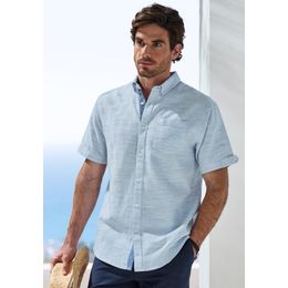 H.I.S. Kurzarmhemd H.I.S "Strukturhemd", Herren, Gr. L, N-Gr, blau, Web, Obermaterial: 100% Baumwolle, Strukturmuster, regular fit normal, Rundhals, abgesteppte Kante, Hemden, mit dekorativem Knopfdetail am &Auml;rmelabschluss