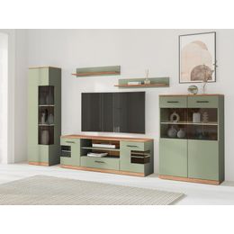 Wohnwand OTTO HOME "Ribe: 5‑teilig, Oberplatte aus Massivholz, viel Stauraum, Trendfarbe", gr&uuml;n (salbei, eiche), Holzwerkstoff, Massivholz, Kastenm&ouml;bel-Sets, Wohnwand, Breite: 297cm, Glaseinsatz aus geh&auml;rtetem Glas, variable Einlegeboden