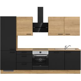 K&uuml;chenzeile Nobilia "MIAMI", Ausrichtung w&auml;hlbar, Breite 300 cm", k&uuml;che: schwarz, korpus: eiche sierra nachbildung, arbeitsplatte: eiche sierra nachbildung, B:300,3cm H:216,6cm T:60cm, Komplettk&uuml;chen-Sets, K&uuml;chenzeile, vormontiert, wahlw. mit unterschiedlichen E-Ger&auml;ten-Sets