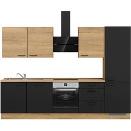 K&uuml;chenzeile Nobilia "MIAMI", Ausrichtung w&auml;hlbar, Breite 300 cm", k&uuml;che: schwarz, korpus: eiche sierra nachbildung, arbeitsplatte: eiche sierra nachbildung, B:300,3cm H:216,6cm T:60cm, Komplettk&uuml;chen-Sets, K&uuml;chenzeile, vormontiert, wahlw. mit unterschiedlichen E-Ger&auml;ten-Sets