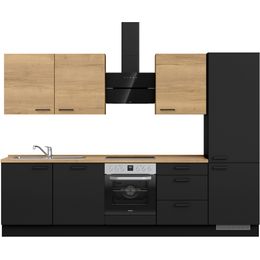 K&uuml;chenzeile Nobilia "MIAMI", Ausrichtung w&auml;hlbar, Breite 300 cm", k&uuml;che: schwarz, korpus: schwarz, eiche sierra nachbildung, arbeitsplatte: eiche sierra nachbildung, B:300,3cm H:216,6cm T:60cm, Komplettk&uuml;chen-Sets, K&uuml;chenzeile, vormontiert, wahlw. mit unterschiedlichen E-Ger&auml;ten-Sets