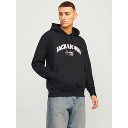 Jack & Jones Kapuzensweatshirt JACK & JONES "JORBRONX ARCH BIG SWEAT HOOD", Herren, Gr. M, schwarz, angeraute Sweatware, Obermaterial: 60% Baumwolle, 40% Polyester, bedruckt, normal, Rippb&uuml;ndchen, Sweatshirts