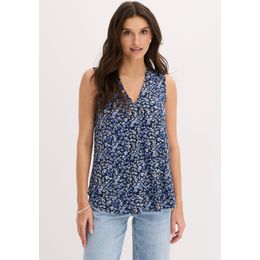 Shirttop bonprix, Damen, Gr. 44/46 (L), blau (blau gebl&uuml;mt), Obermaterial: 95% Viskose, 5% Elasthan, bequem, Tops Shirttop, mit V-Ausschnitt, mit eingelegter Falte, &auml;rmellos