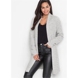 Longstrickjacke bonprix "Longstrickjacke mit Schalkragen", Damen, Gr. 36/38 (S), grau (hellgrau meliert), Obermaterial: 67% Polyacryl, 30% Polyester, 3% Elasthan, bequem, Strickjacken Longstrickjacke, fein gerippter Schalkragen, bequeme Passform, femininer Stil