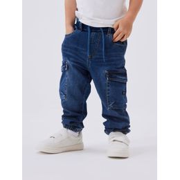 Cargojeans name it "NMMBEN BAGGY R CARGO JEANS 9770-YT NOOS", Jungen, Gr. 80, N-Gr, blau (dunkelblau denim), Denim/Jeans, Obermaterial: 49% Baumwolle, 28% Polyester, 21% Viskose, 2% Elasthan, unifarben, weit, Jeans