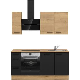 K&uuml;chenzeile Nobilia "MIAMI", Ausrichtung w&auml;hlbar, Breite 180 cm", k&uuml;che: schwarz, korpus: eiche sierra nachbildung, arbeitsplatte: eiche sierra nachbildung, B:180,3cm H:216,6cm T:60cm, Komplettk&uuml;chen-Sets, K&uuml;chenzeile, vormontiert, wahlw. mit unterschiedlichen E-Ger&auml;ten-Sets