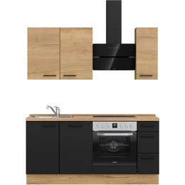 K&uuml;chenzeile Nobilia "MIAMI", Ausrichtung w&auml;hlbar, Breite 180 cm", k&uuml;che: schwarz, korpus: eiche sierra nachbildung, arbeitsplatte: eiche sierra nachbildung, B:180,3cm H:216,6cm T:60cm, Komplettk&uuml;chen-Sets, K&uuml;chenzeile, vormontiert, wahlw. mit unterschiedlichen E-Ger&auml;ten-Sets