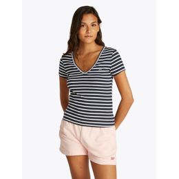 Kurzarmshirt Tommy Jeans "TJW SLIM ESSENTIAL RIB V SHORT SLEEVE", Damen, Gr. XS (34), blau (schwarz night navy stripes), Feinripp, Obermaterial: 95% Baumwolle, 5% Elasthan, gestreift, slim fit kurz, tiefer V-Ausschnitt, abgesteppt, Shirts, mit gerippter Struktur, V-Ausschnitt, Slim Fit