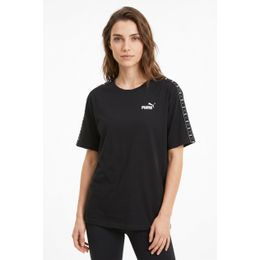T-Shirt Puma "ESS TAPE RELAXED TEE", Damen, Gr. M, schwarz (Puma schwarz), Jersey, Obermaterial: 100% Baumwolle, bedruckt, relaxed fit normal, Rundhals, Shirts T-Shirt, mit Rundhalsausschnitt, mit kurzem Arm