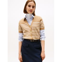 Strickjacke Tommy Hilfiger "CO JERSEY MID GG GOLD BTN CARDI", Damen, Gr. L (40), beige (placed thin beige stp sweaters), Strick, Obermaterial: 85% Baumwolle, 15% Polyamid, gestreift, taillenbedeckt, V-Ausschnitt, Strickjacken Strickjacke, mit goldfarbenen Kn&ouml;pfen