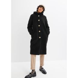 bonprix Teddymantel mit Kapuze und Taschen, schwarz, Gr.48, Gem&uuml;tlicher Teddymantel mit Knopfleiste ist locker geschnitten