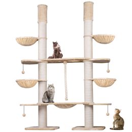 HAPPYPET XXL Kratzbaum-Landschaft f&uuml;r gro&szlig;e Katzen - 2-in-1 Aktivit&auml;ts- und Sisal-Paradies mit Deckenspanner 280cm hoch Premium Pl&uuml;sch Creme-Beige